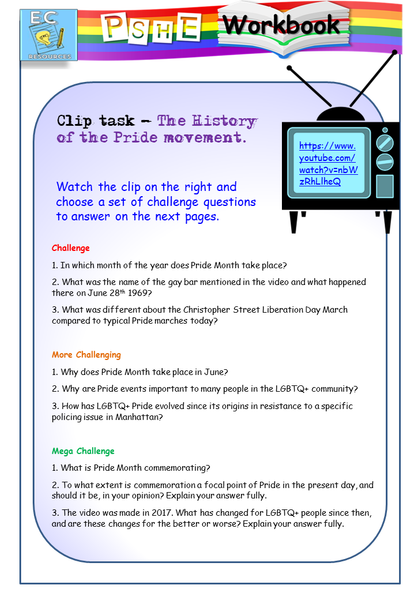 LGBT+ Pride Home Learning / PSHE Workbook – EC Publishing