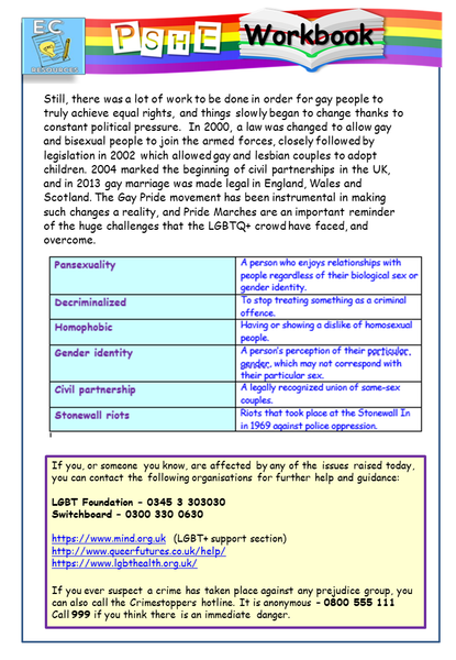LGBT+ Pride Home Learning / PSHE Workbook – EC Publishing