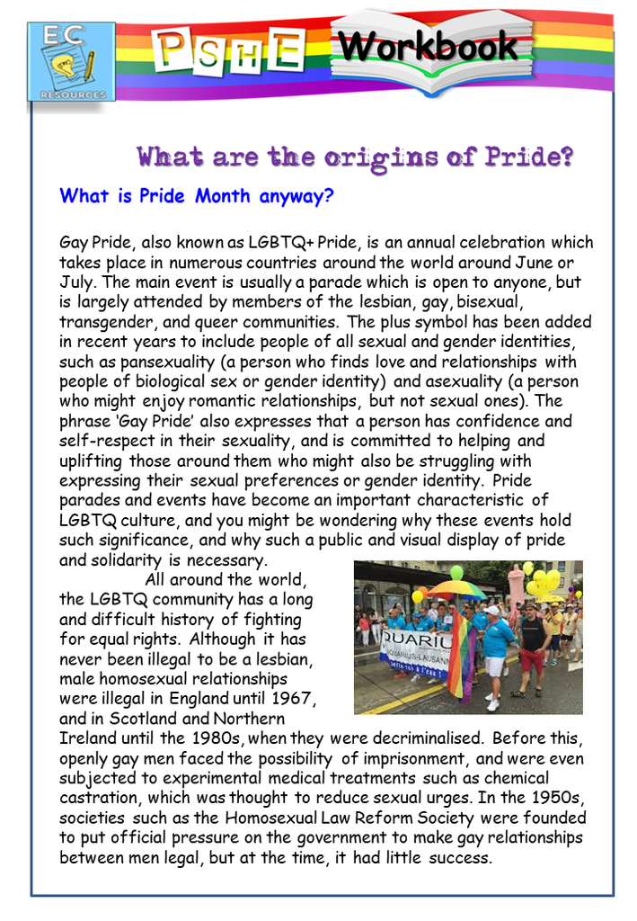 LGBT+ Pride Home Learning / PSHE Workbook – EC Publishing
