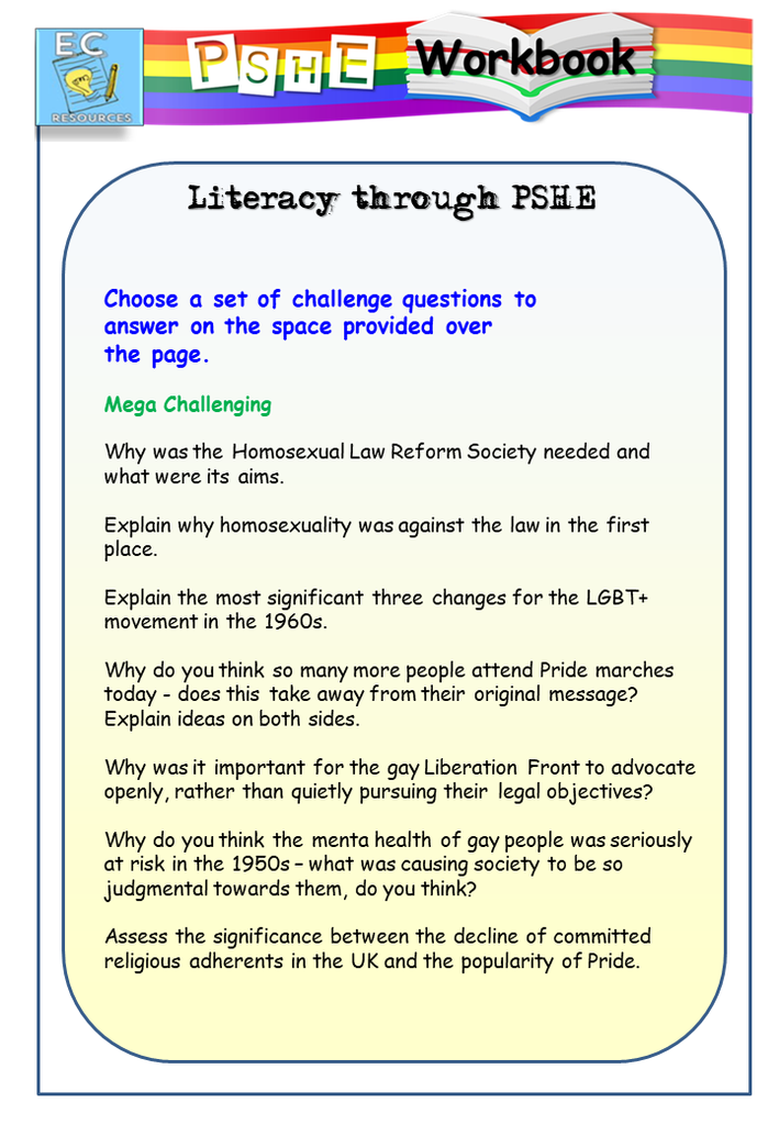 LGBT+ Pride Home Learning / PSHE Workbook – EC Publishing
