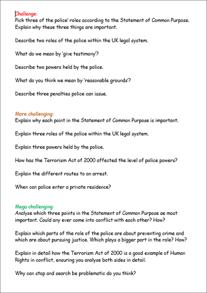 AQA GCSE Citizenship Police Powers Roles and place in the Justice Syst ...
